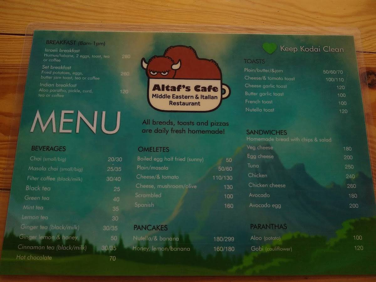 Menu at Altaf's Cafe, Kodaikanal