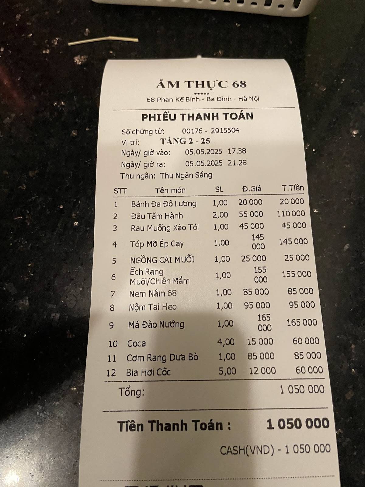 Menu at Ẩm Thực 68 restaurant, Hanoi