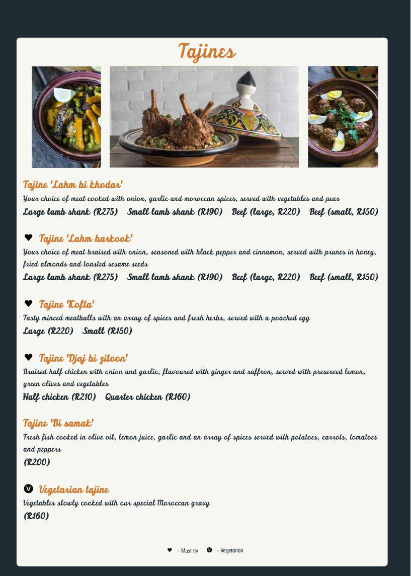 Menu at Andalousse Moroccan Restaurant, Cape Town, 174 Main Rd