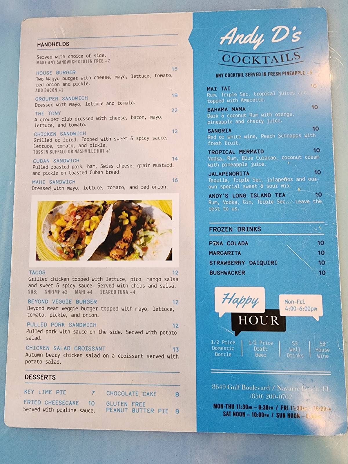 Menu at Andy D's Beachside Restaurant & Deck Bar, Navarre