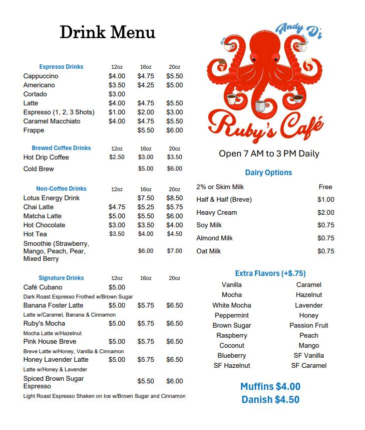 Menu at Andy D's Beachside Restaurant & Deck Bar, Navarre