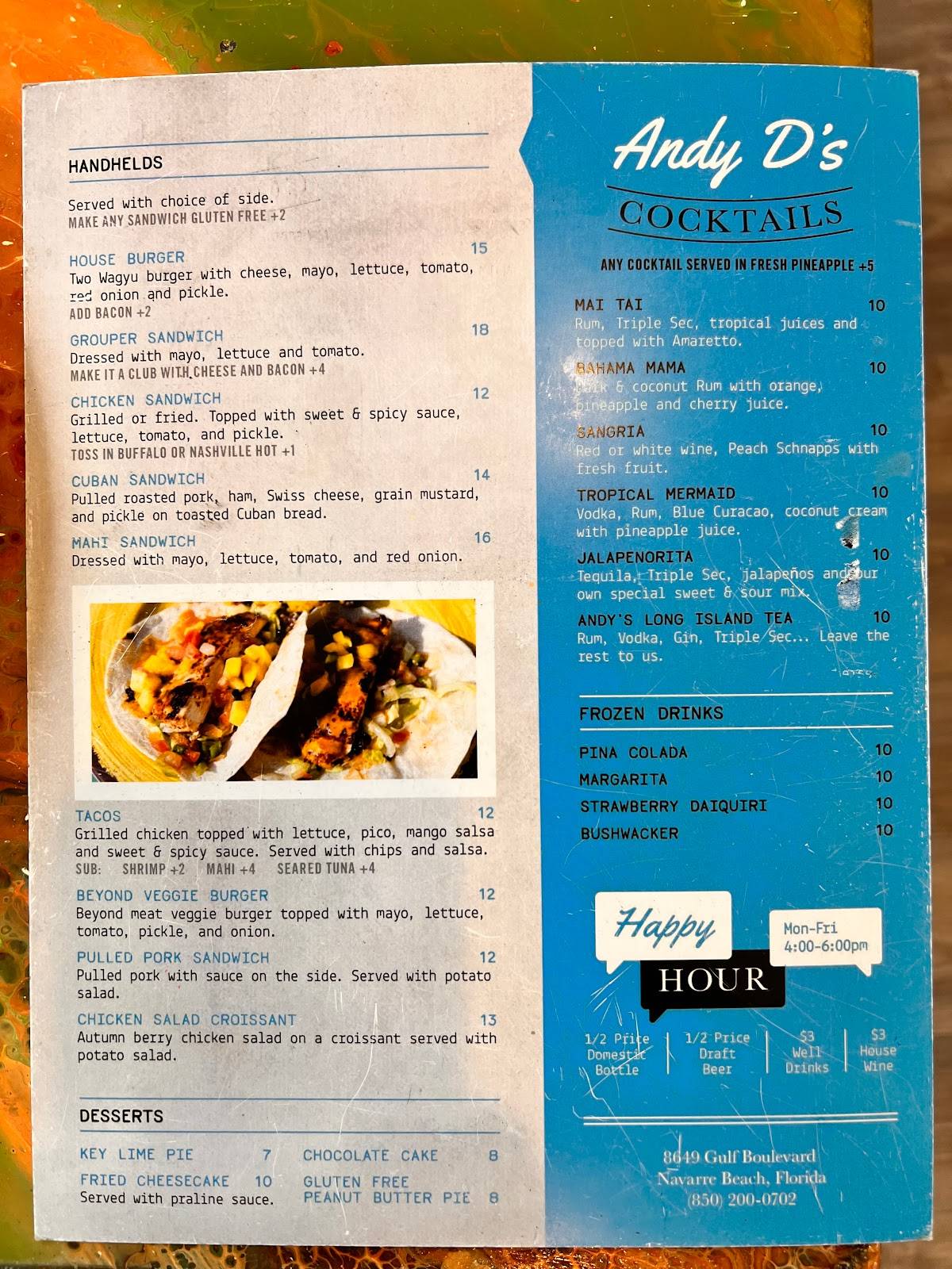 Menu at Andy D's Beachside Restaurant & Deck Bar, Navarre