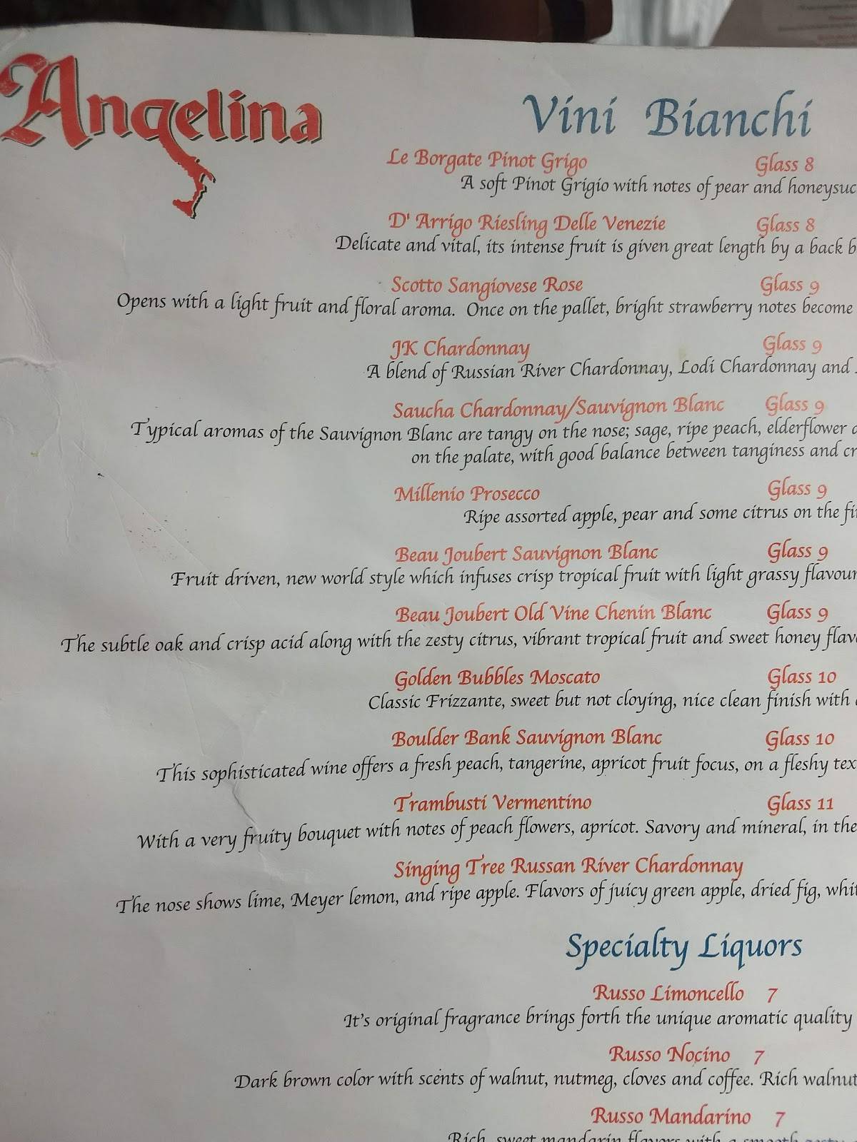 Menu at Angelina Restaurant, Green Bay