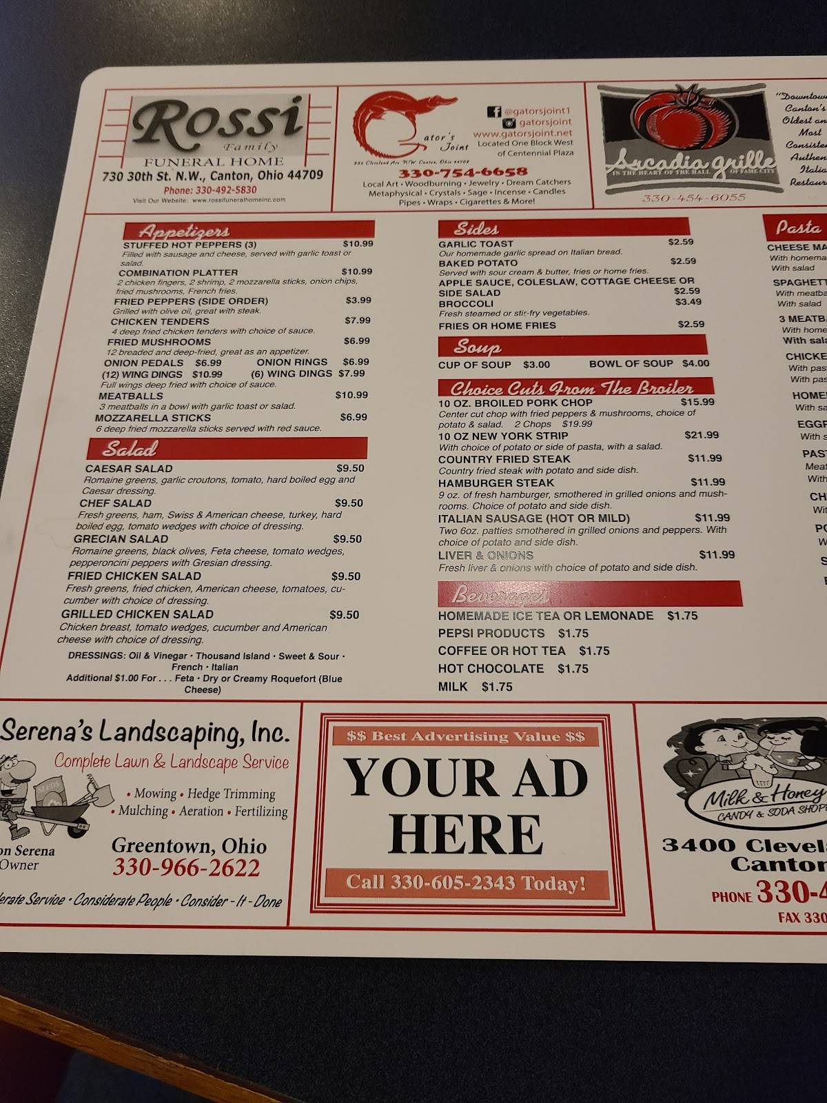 Menu at Arcadia Grille restaurant, Canton