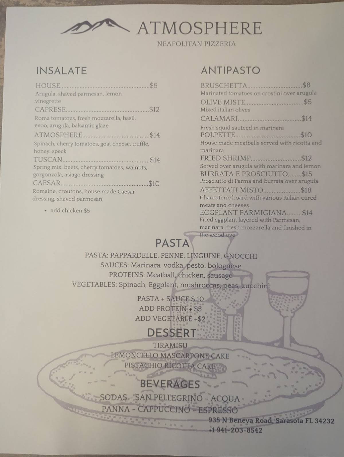 Menu at Atmosphere restaurant, Sarasota, 935 N Beneva Rd unit 409