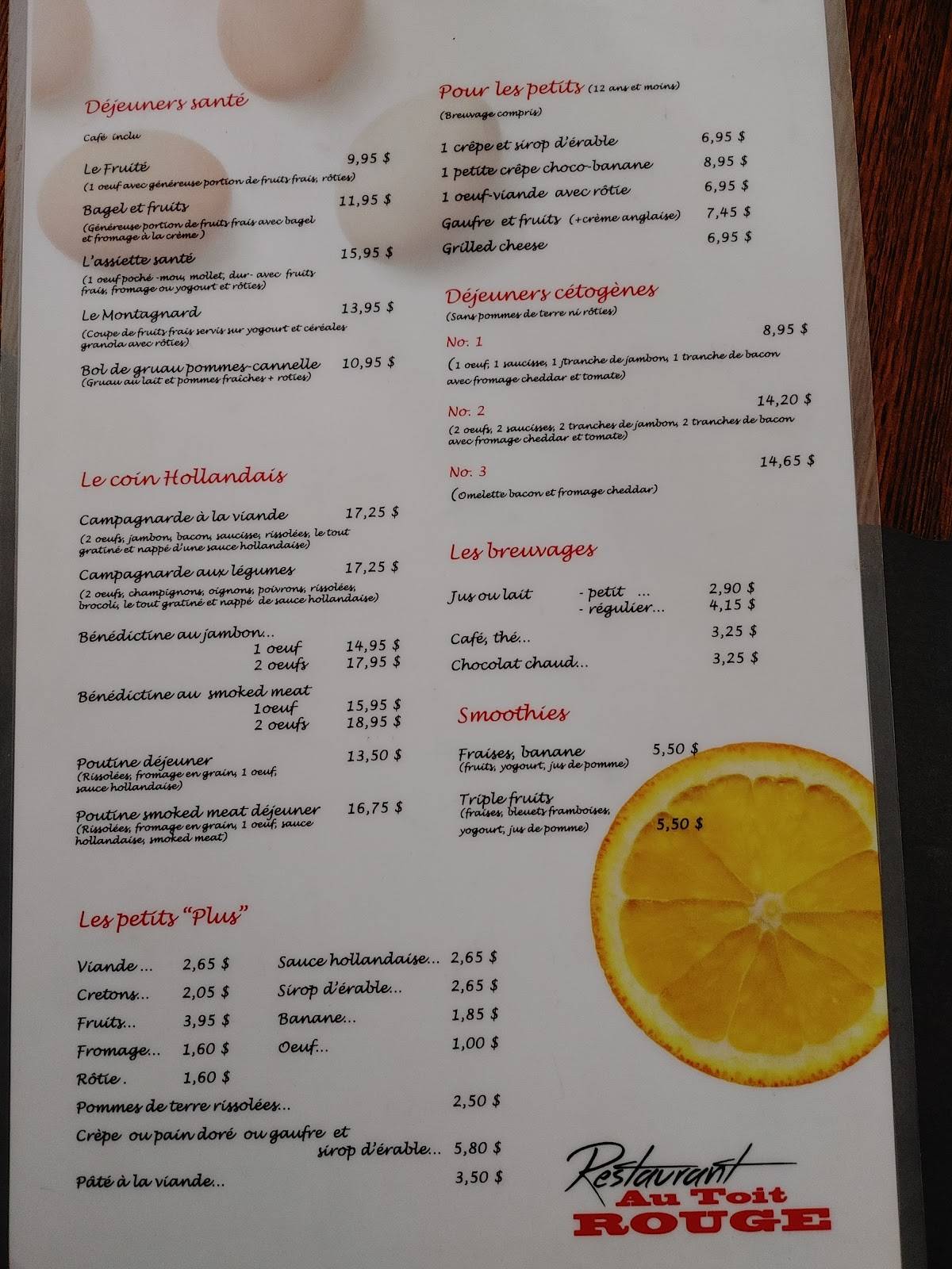 Menu au Restaurant Au Toit Rouge, Québec