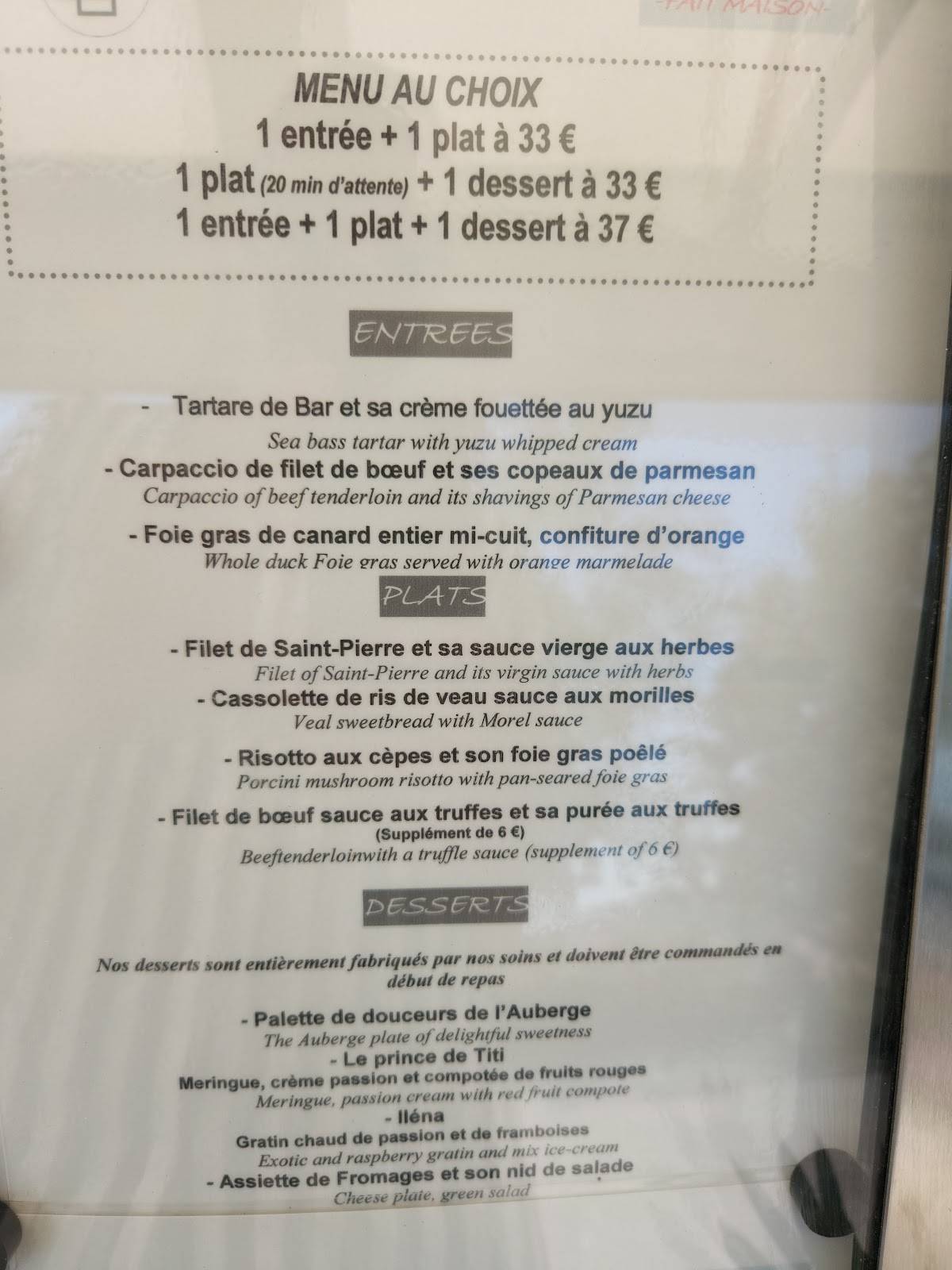 Menu au Auberge de la rode restaurant, Domme