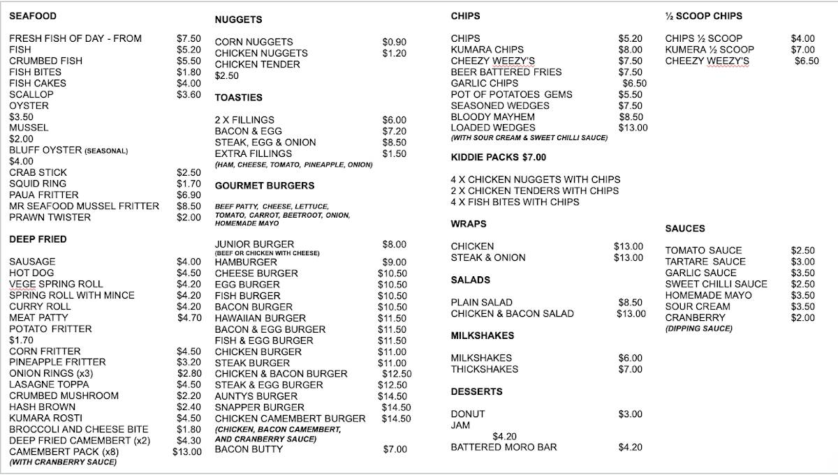 Menu at Aunty Jo Jo's Takeaways Feilding restaurant, Feilding