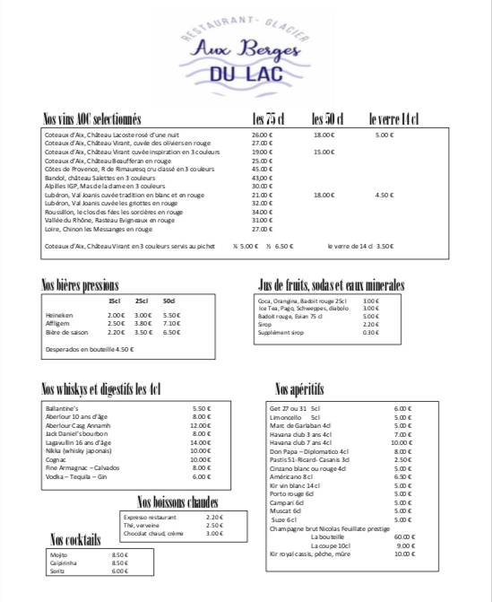 Menu au Aux berges du lac restaurant, Miramas