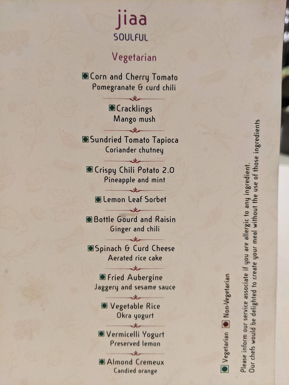 Menu at Avartana, Chennai
