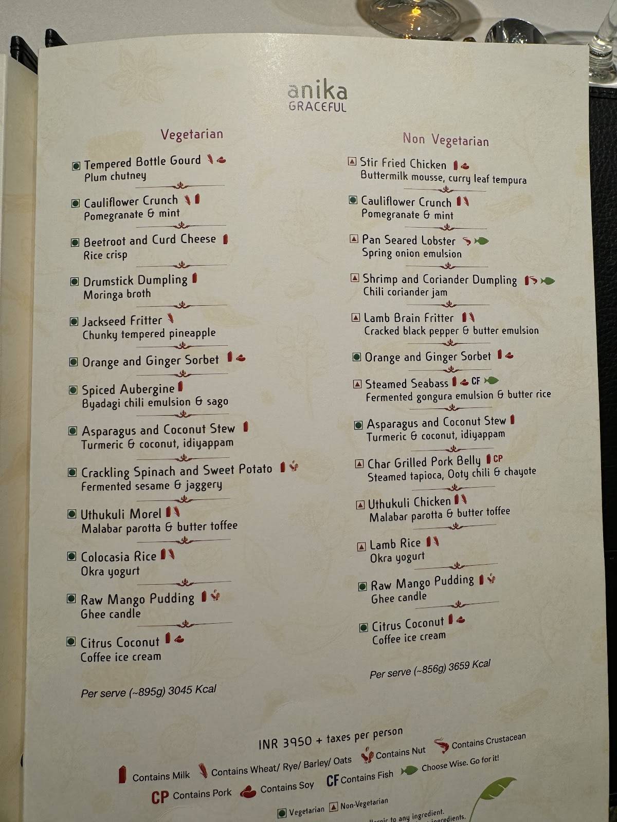 Menu at Avartana, Chennai