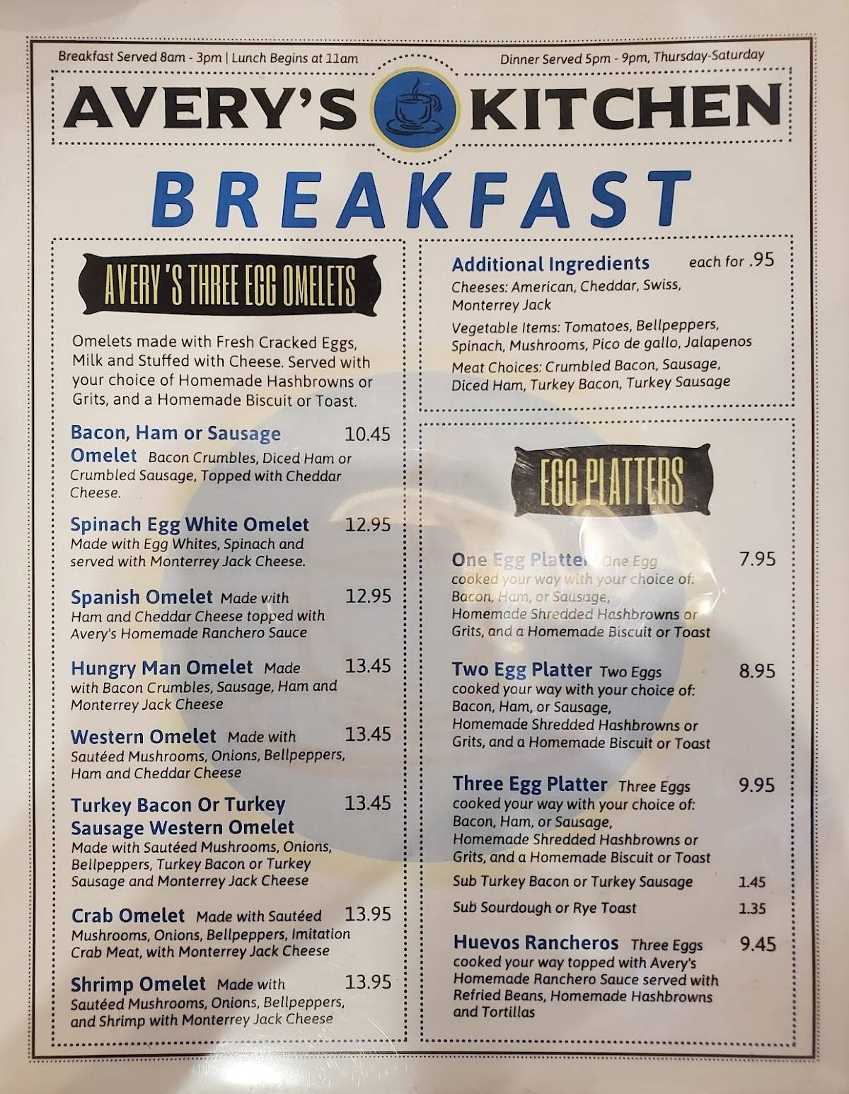 Menu at Avery's Kitchen restaurant, New Braunfels