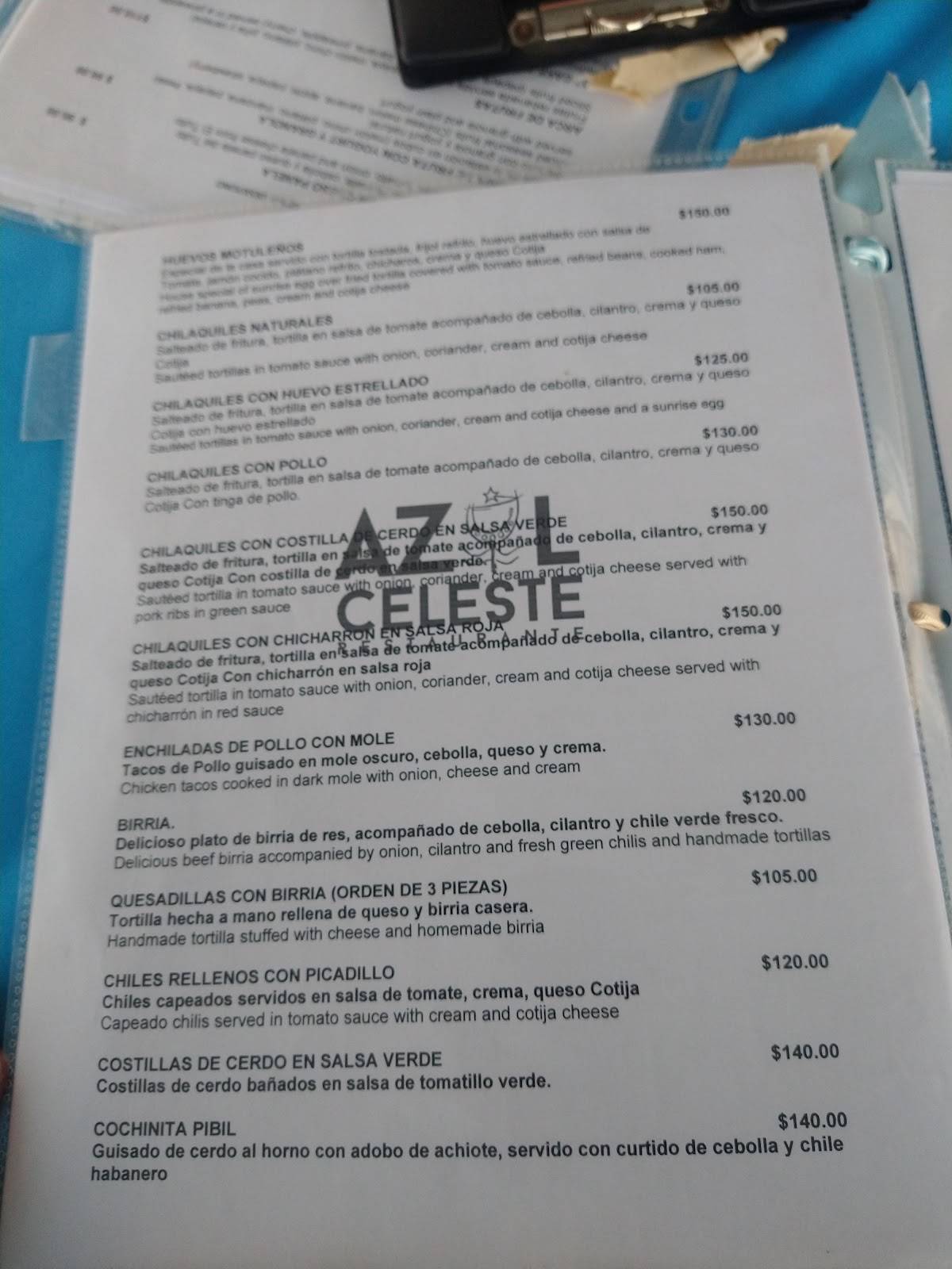 Carta de Azul Celeste Restaurant & Bar, Puerto Vallarta