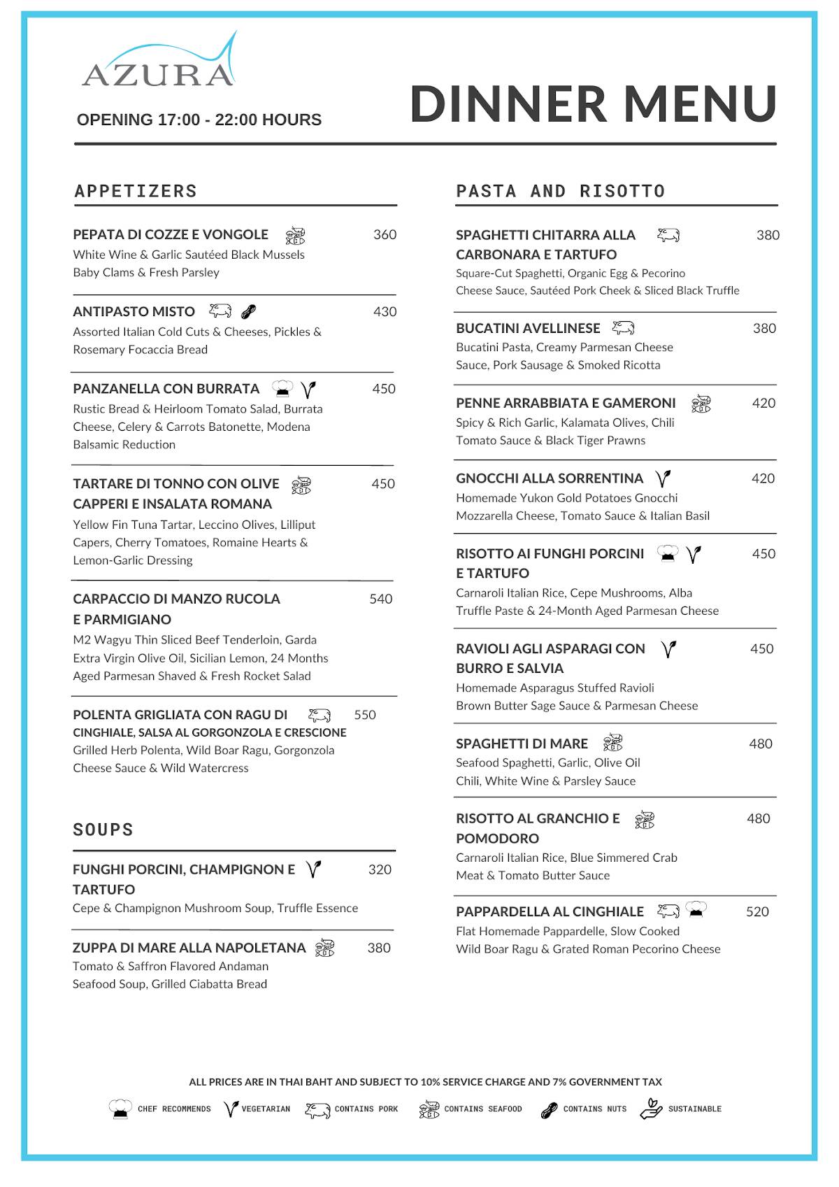 Menu at AZURA restaurant, Choeng Thale
