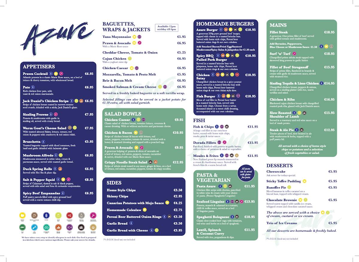 Menu at Azure Restaurant, Puerto Calero