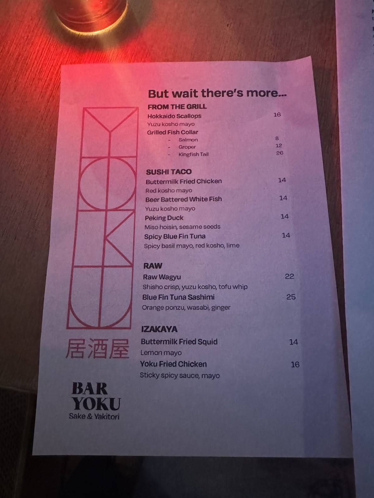 Menu at Bar Yoku, Christchurch