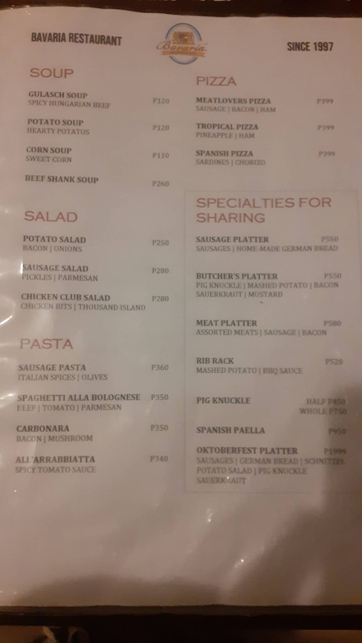 Menu at Bavaria German Restaurant & Inn, Iloilo City