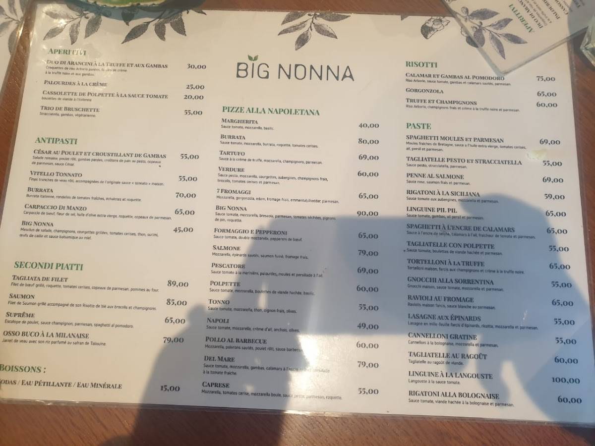 Menu at Big Nonna restaurant, Casablanca