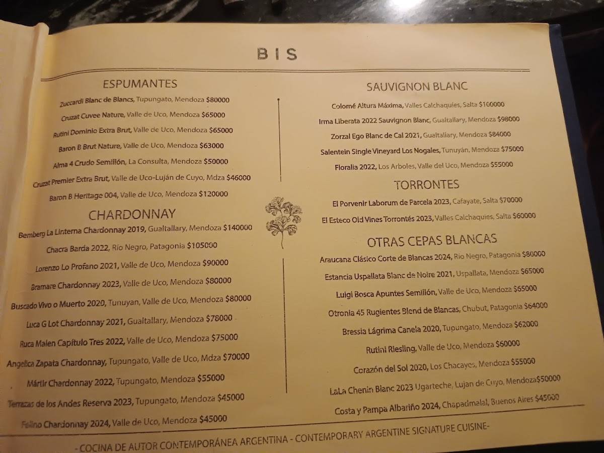 Carta de Bis Restaurante, Buenos Aires