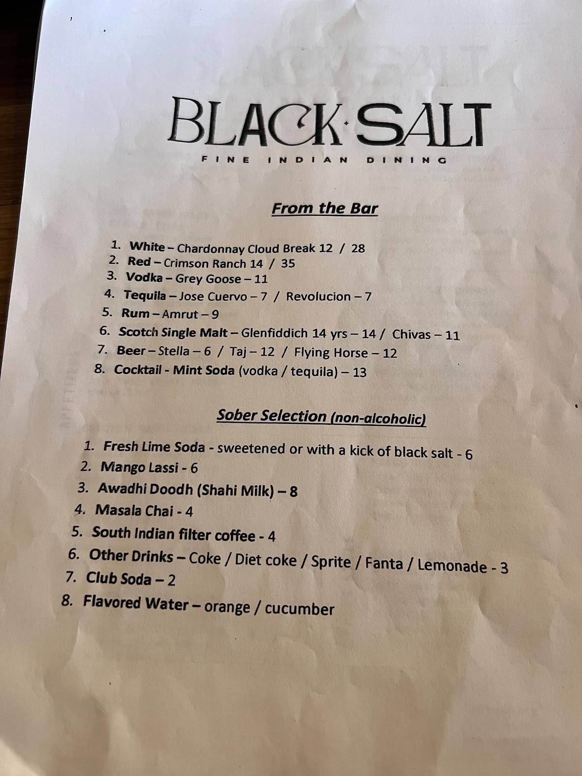 Menu at Black Salt restaurant, Chesterfield