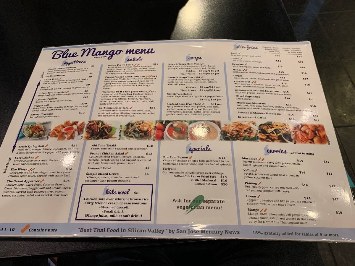 Menu at Blue Mango restaurant, San Jose, 635 Coleman Ave