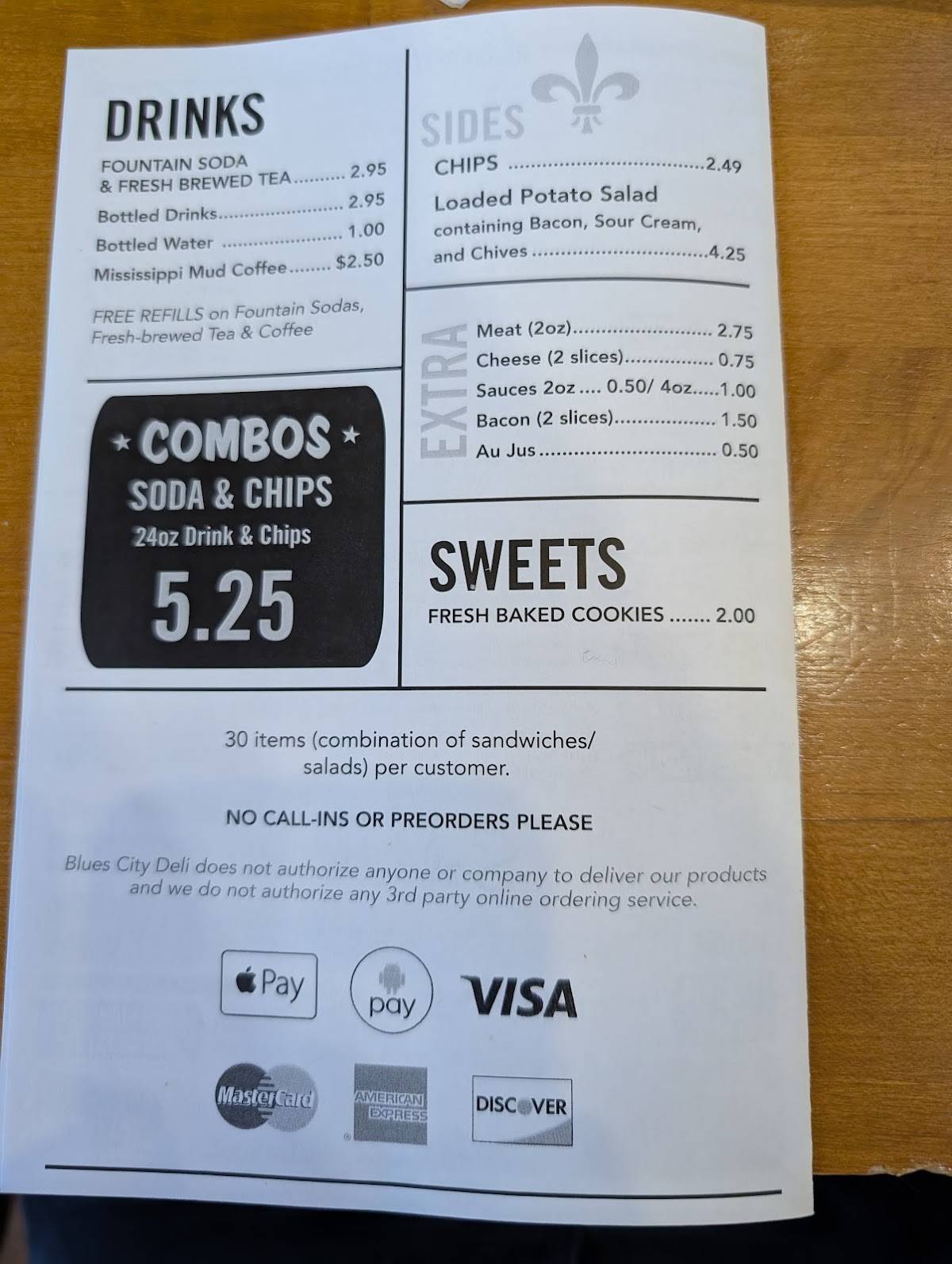 Menu at Blues City Deli restaurant, St. Louis