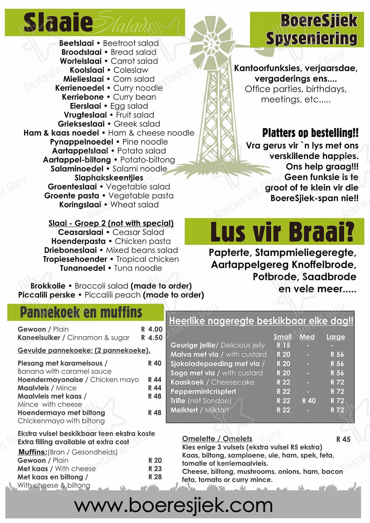 Menu at BoereSjiek Potchefstroom restaurant, Potchefstroom