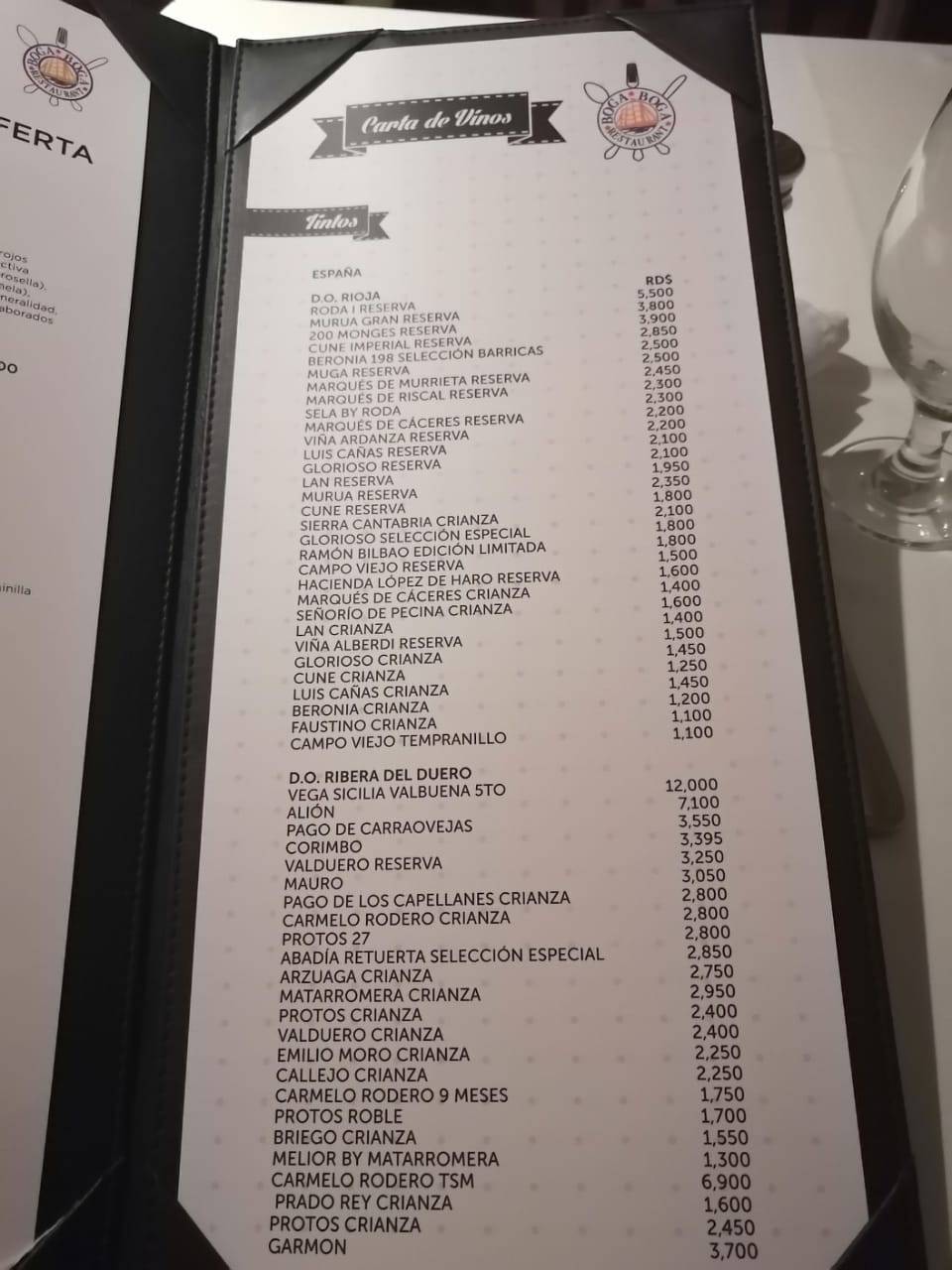 Menu at Boga Boga restaurant, Santo Domingo