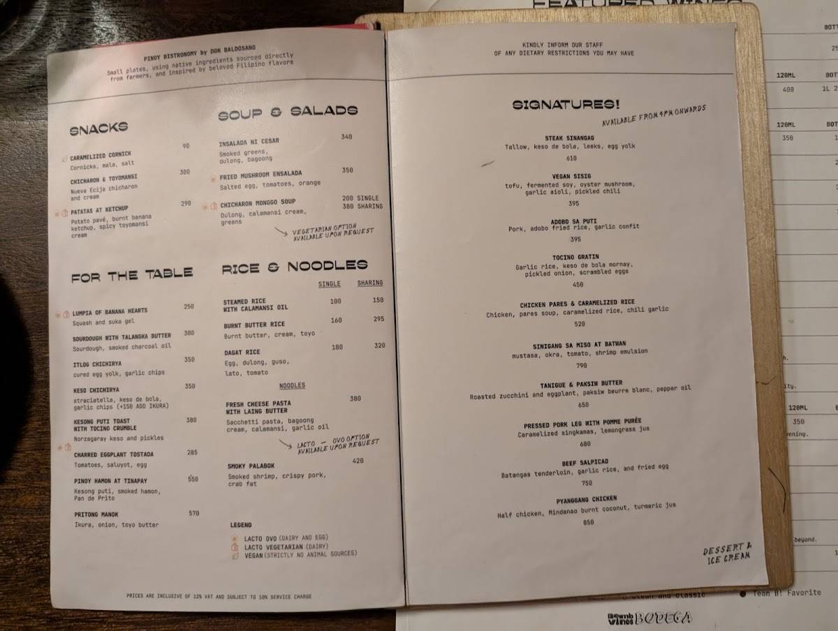Menu at Bombvinos Bodega restaurant, Makati