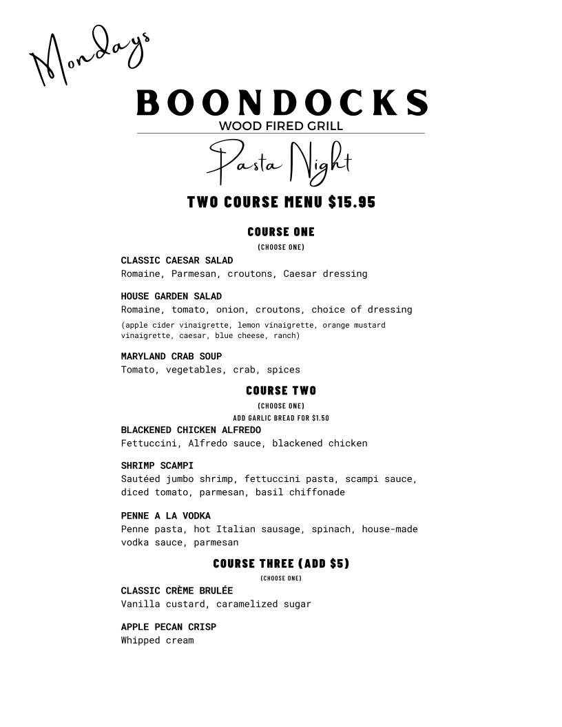 Menu at Boondocks Wood Fired Grill restaurant, Sunbury