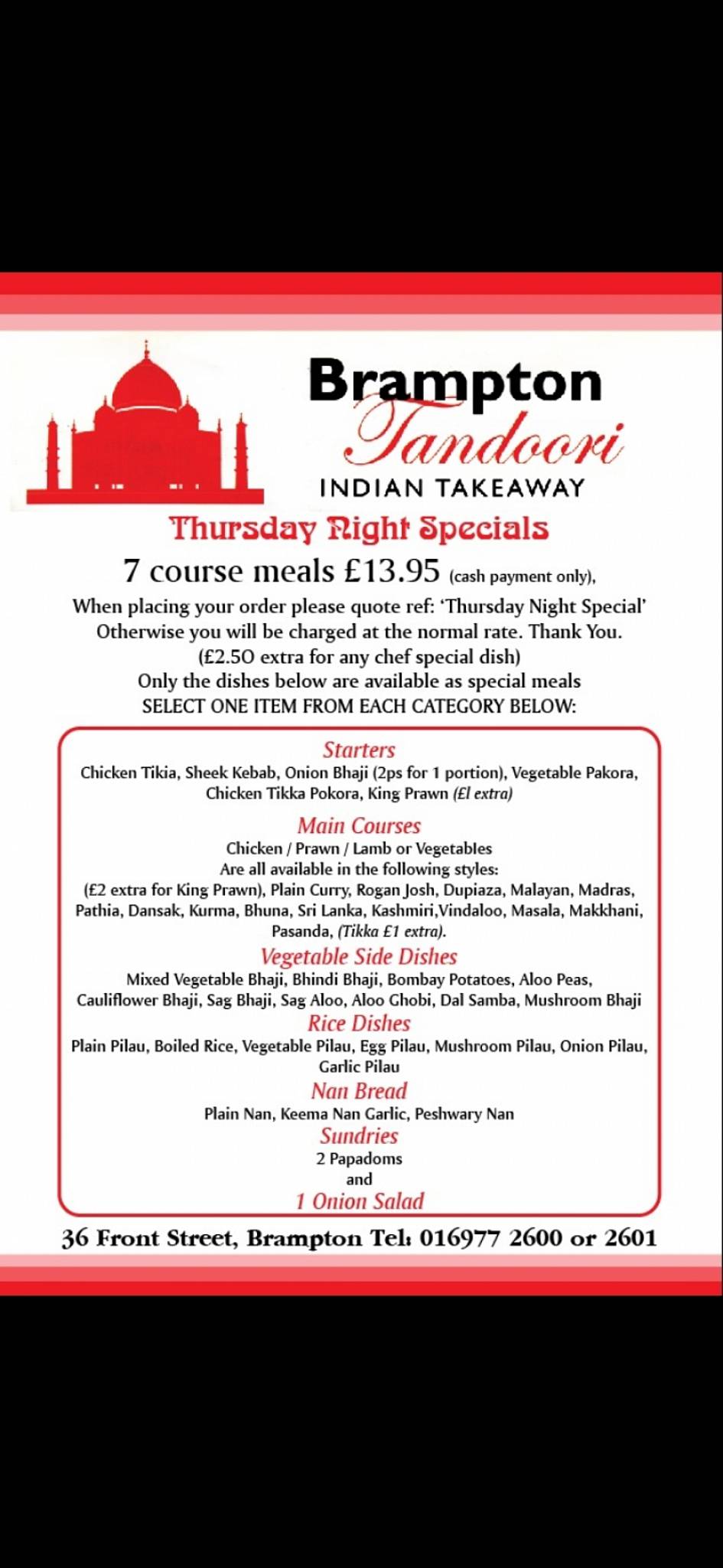 Menu at Brampton Tandoori fast food, Brampton