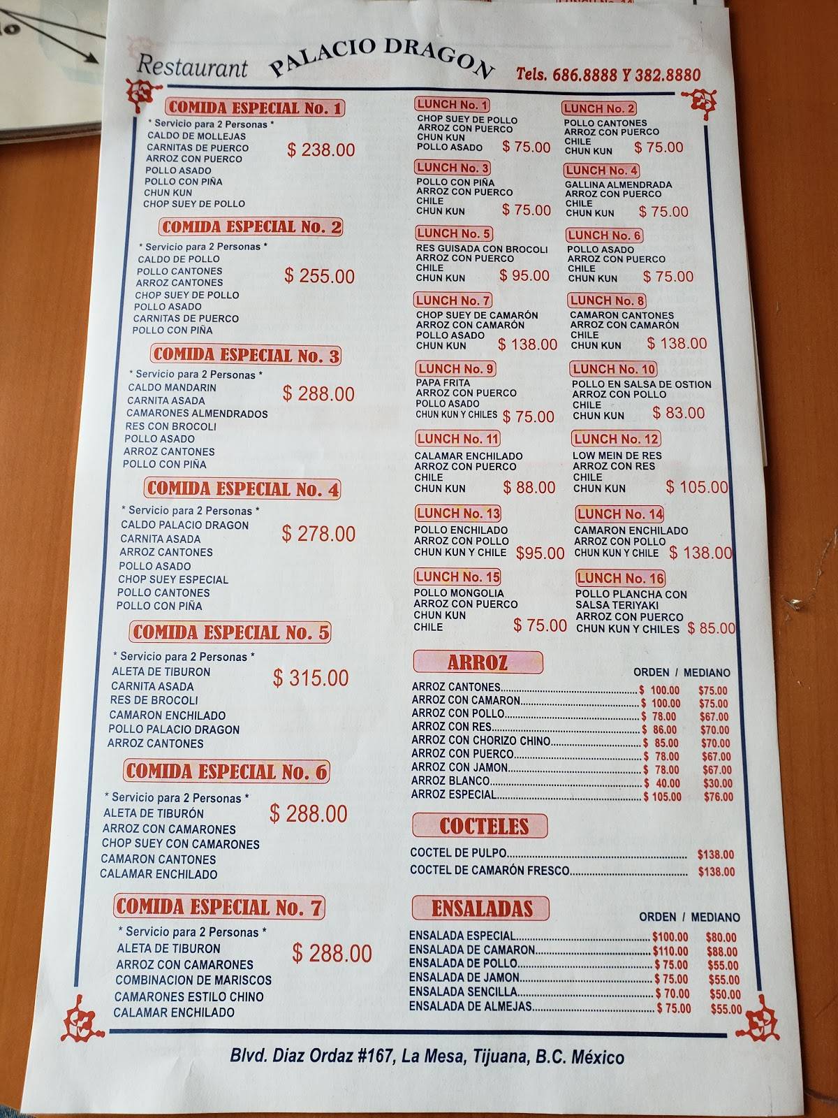 Carta del restaurante Buffet Palacio Dragon, Tijuana