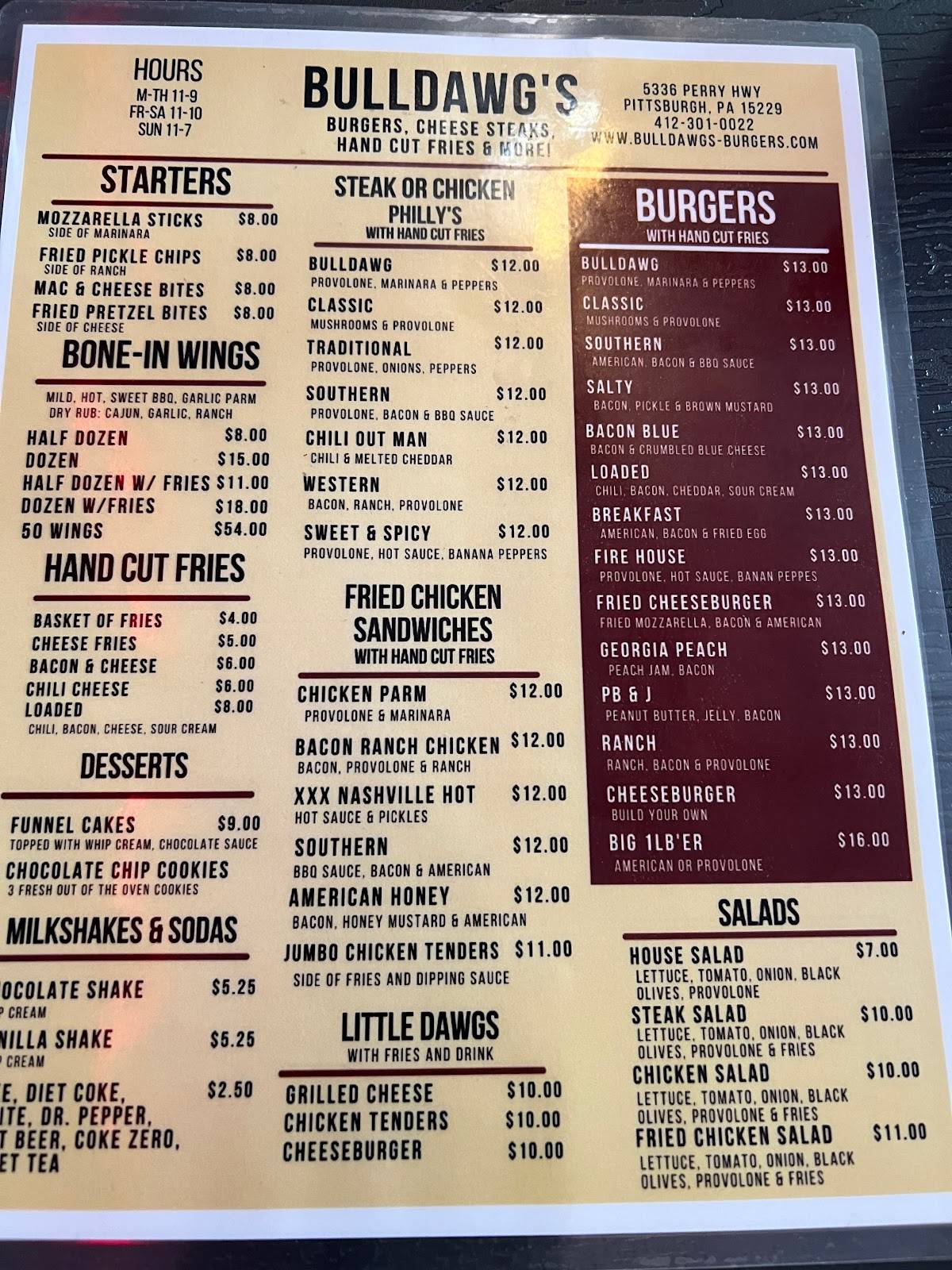 Menu at BullDawg's Burgers restaurant, West View, Perry Hwy