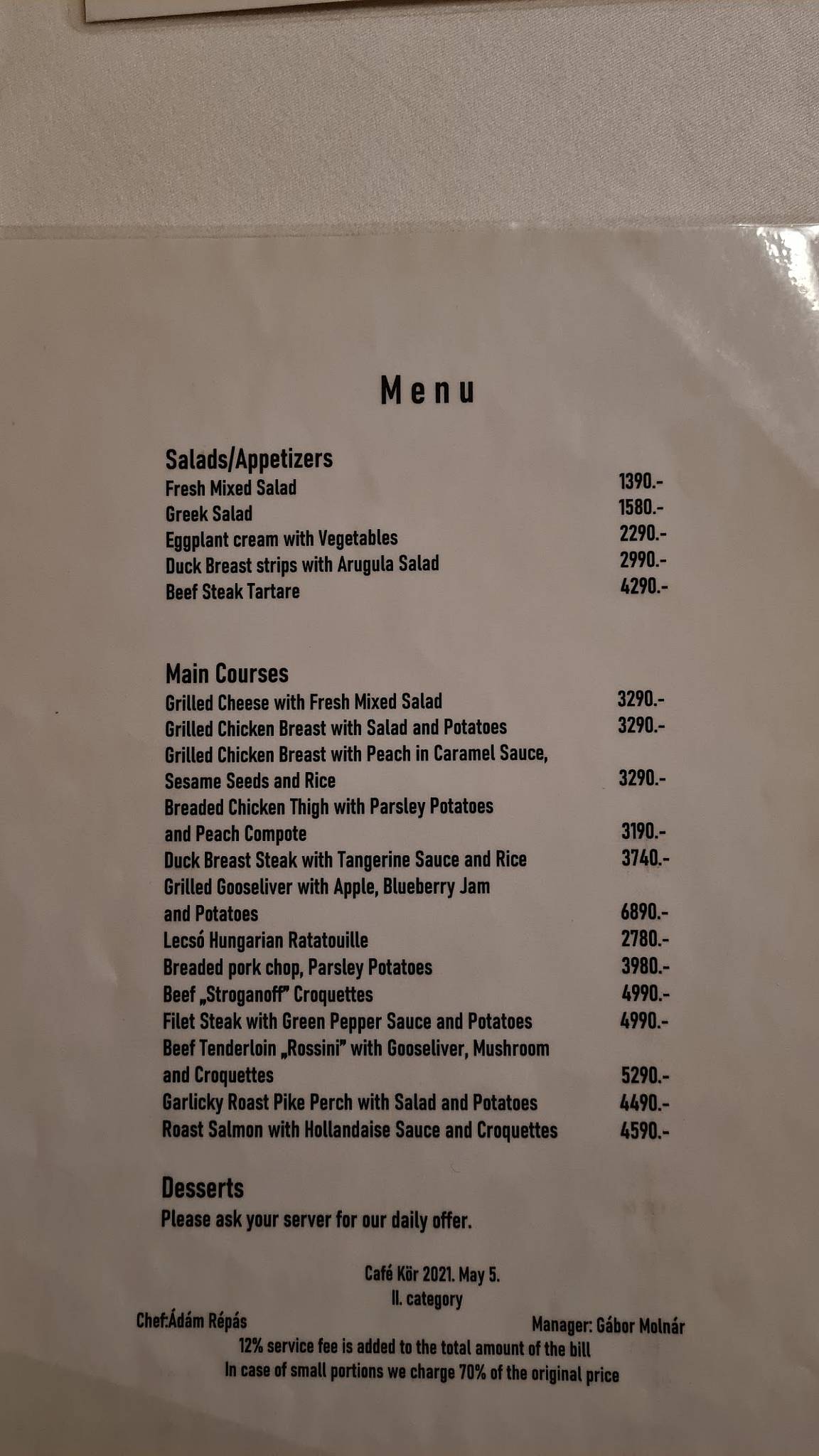 Menu at Café Kör restaurant, Budapest