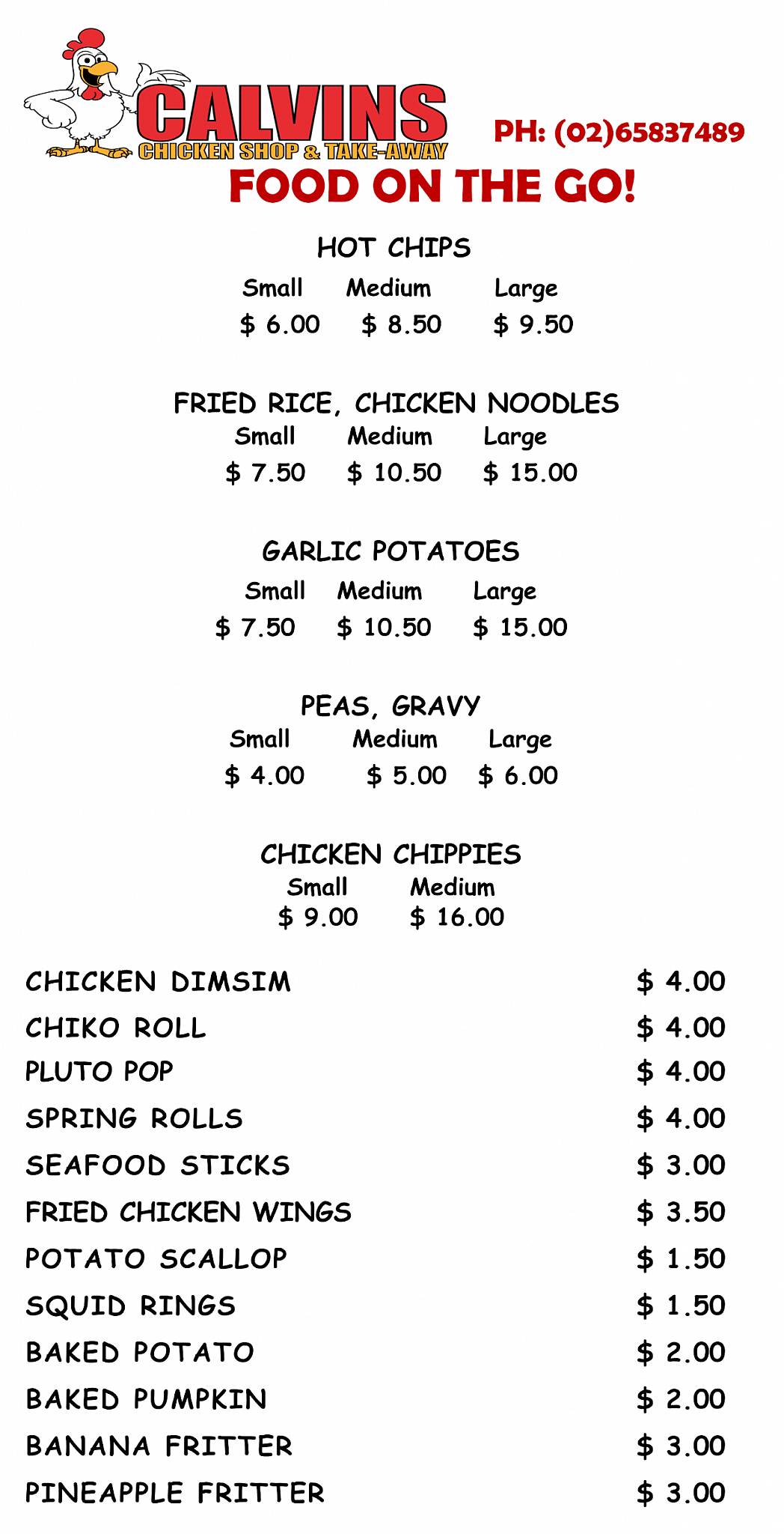 Menu at Calvins Chicken Shop & Take-away restaurant, Port Macquarie