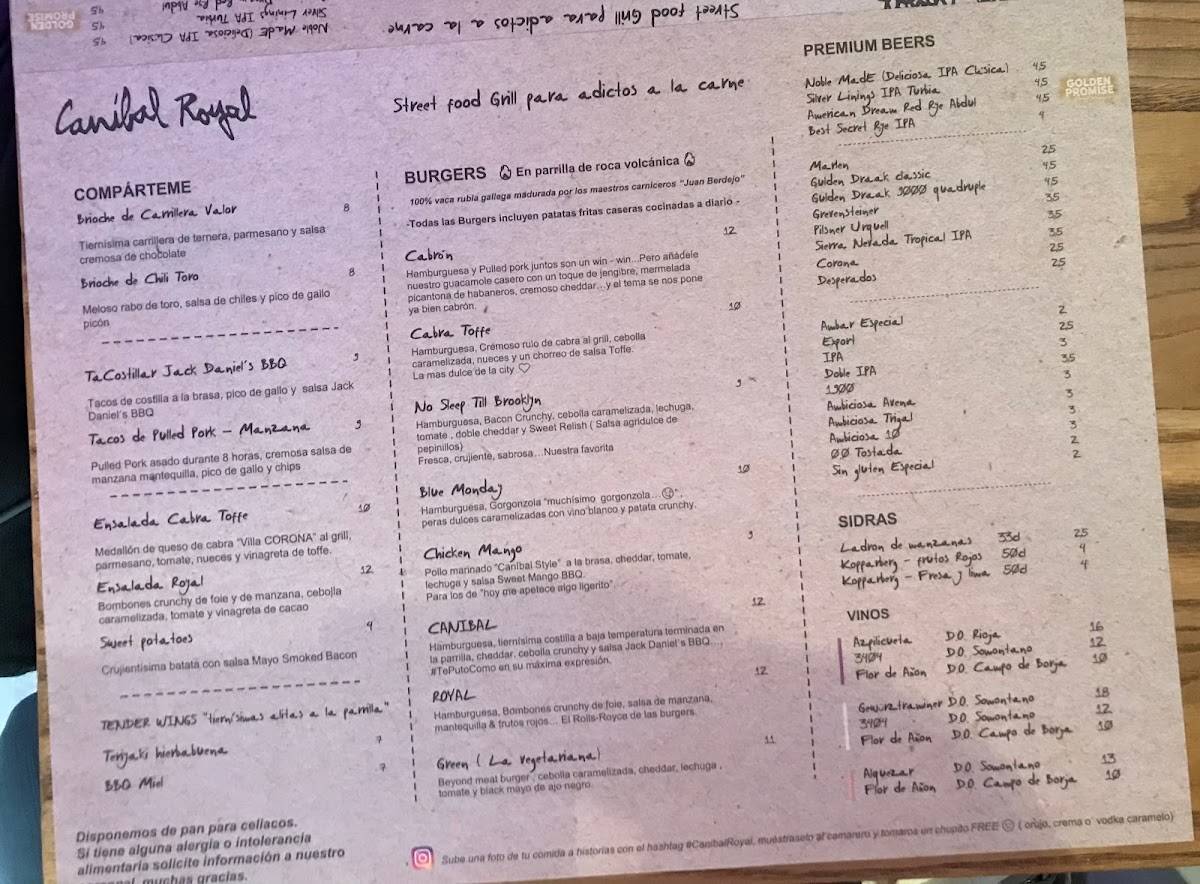 Carta del restaurante Caníbal Royal, Zaragoza
