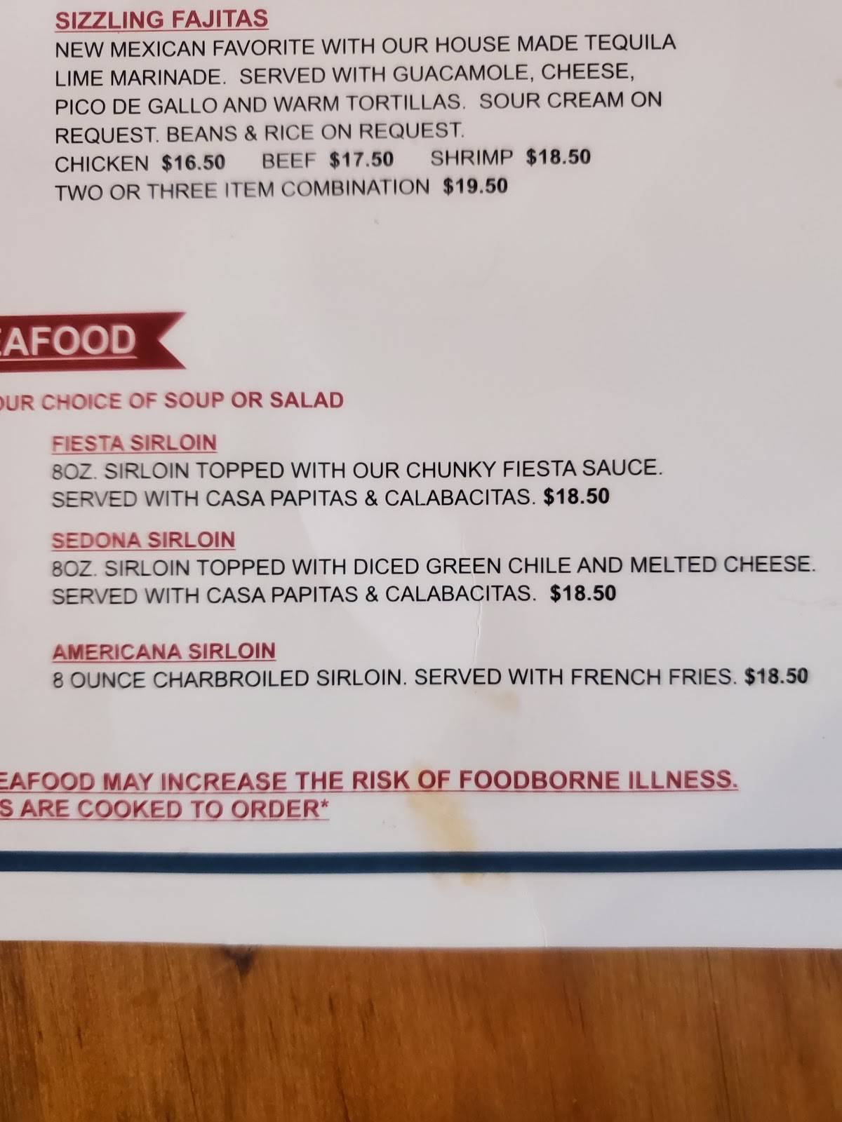 Menu at Casa De Suenos restaurant, Tularosa