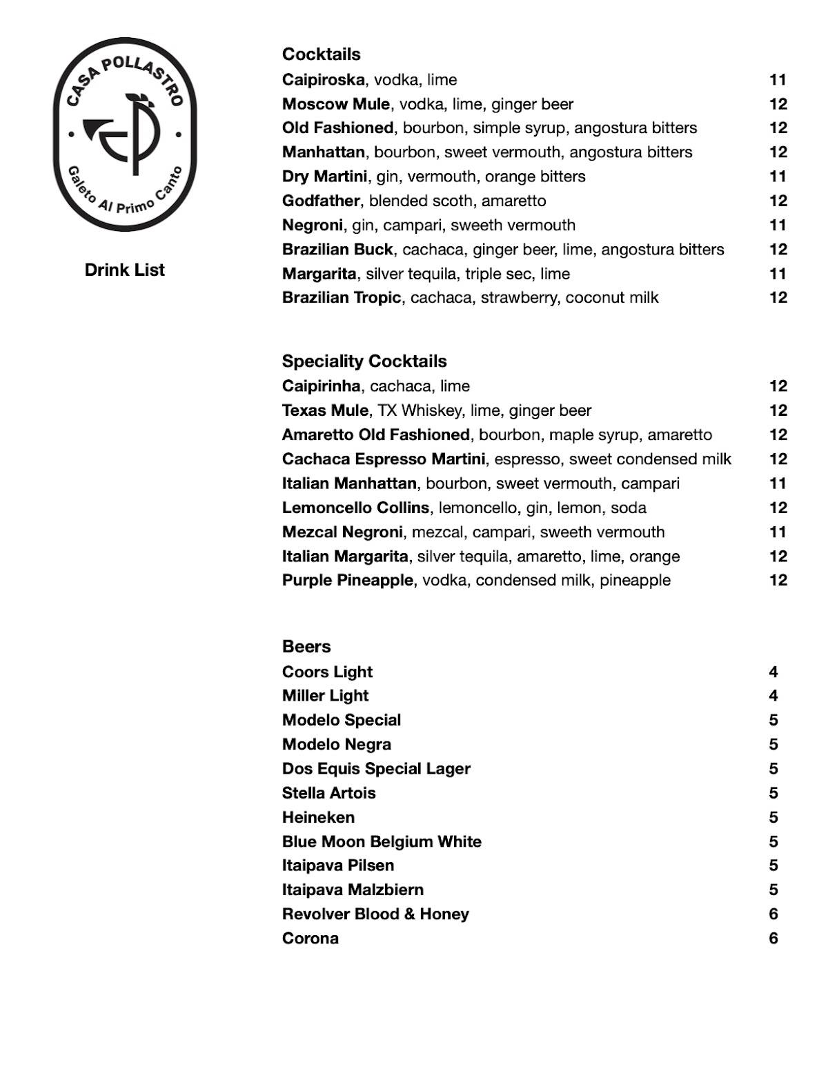 Menu at Casa Pollastro restaurant, Dallas