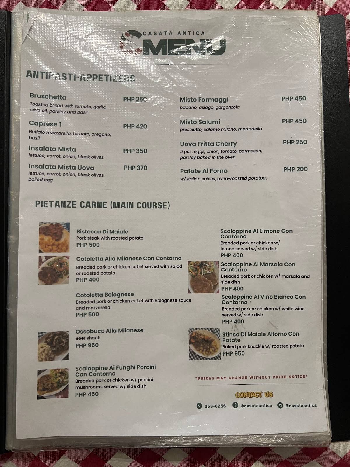 Menu at Casata Antica restaurant, Compostela