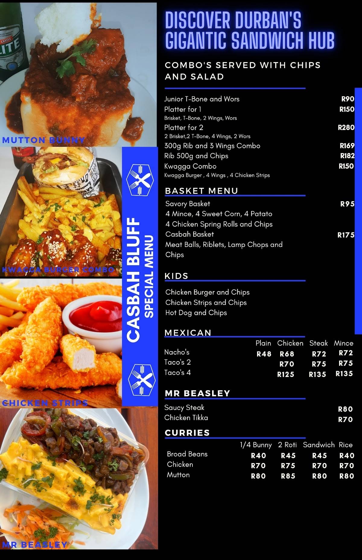 Menu at Casbah restaurant, Durban