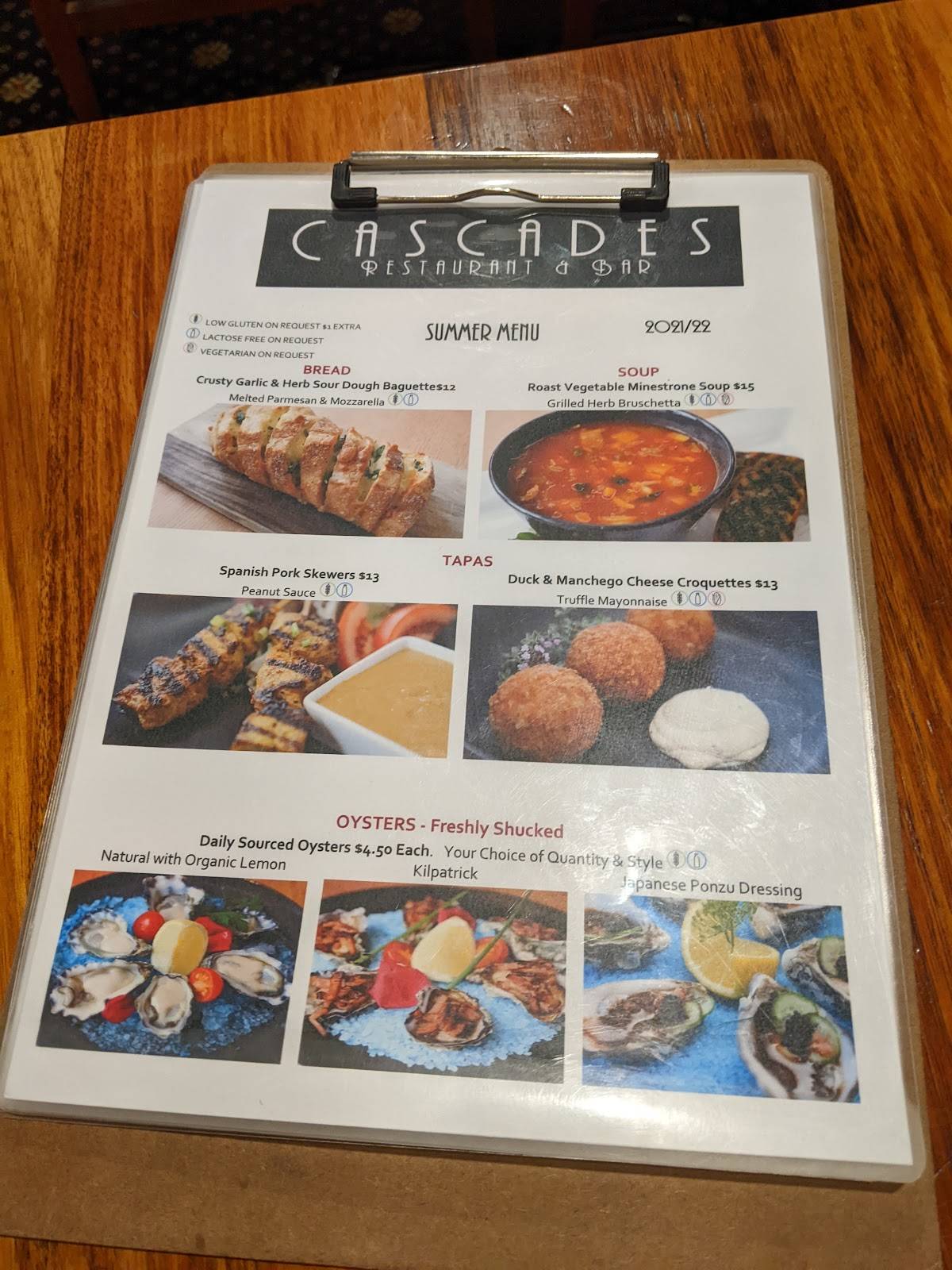 Menu at Cascades Restaurant, Goulburn