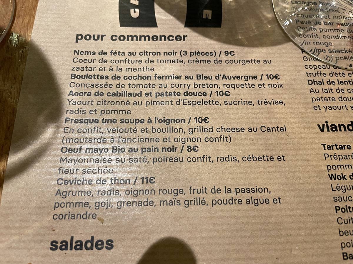 Menu at Cavale restaurant, Paris