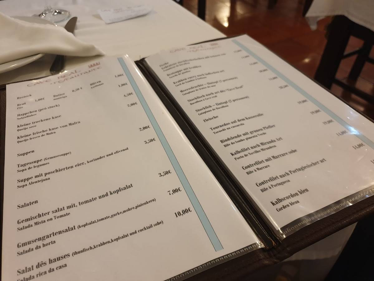 Menu at Cave Real restaurant, Lisbon