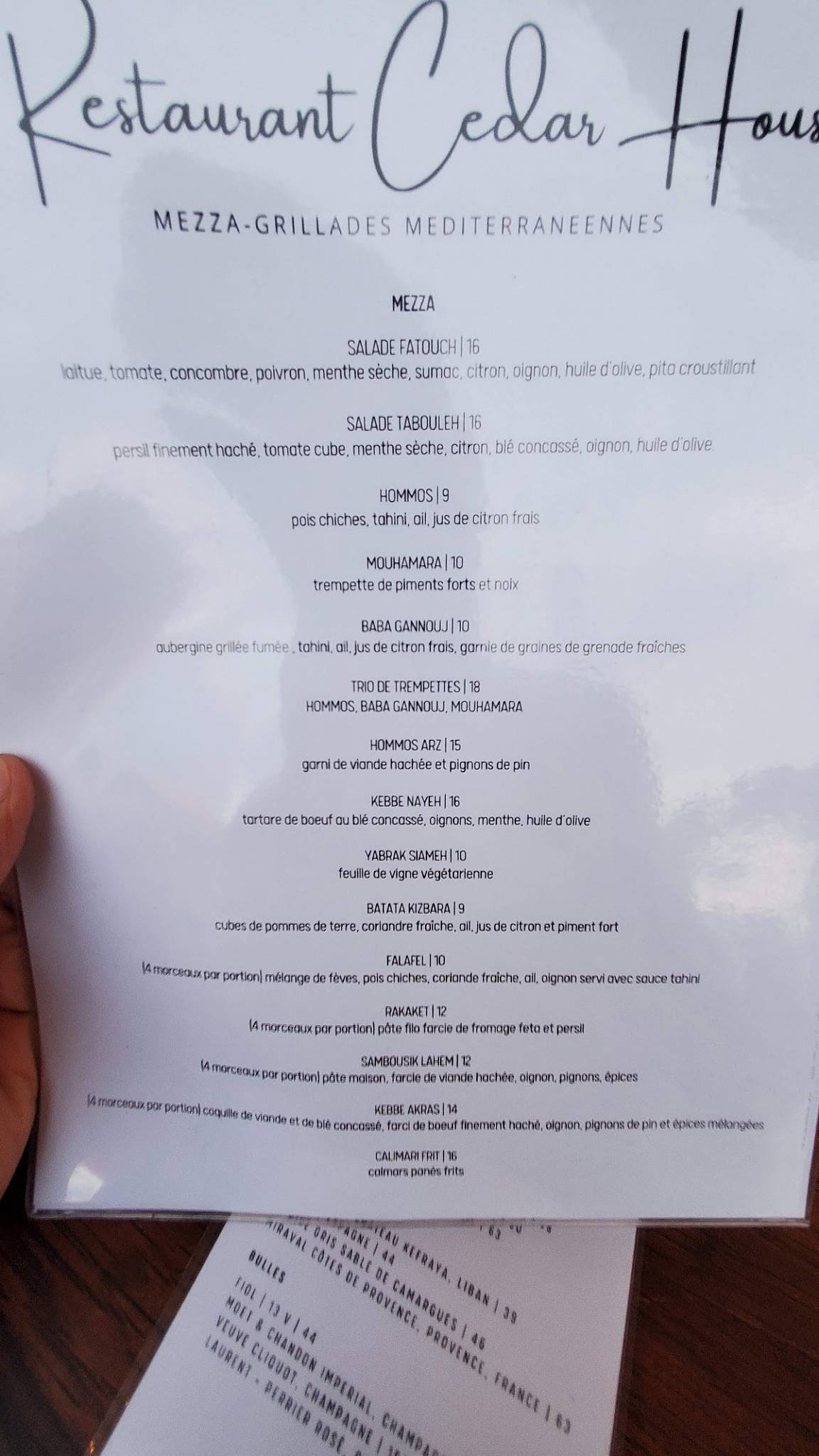 Menu au Restaurant Cedar House, Laval