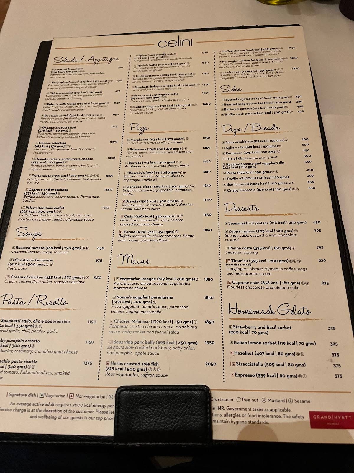 Menu at Celini, Mumbai