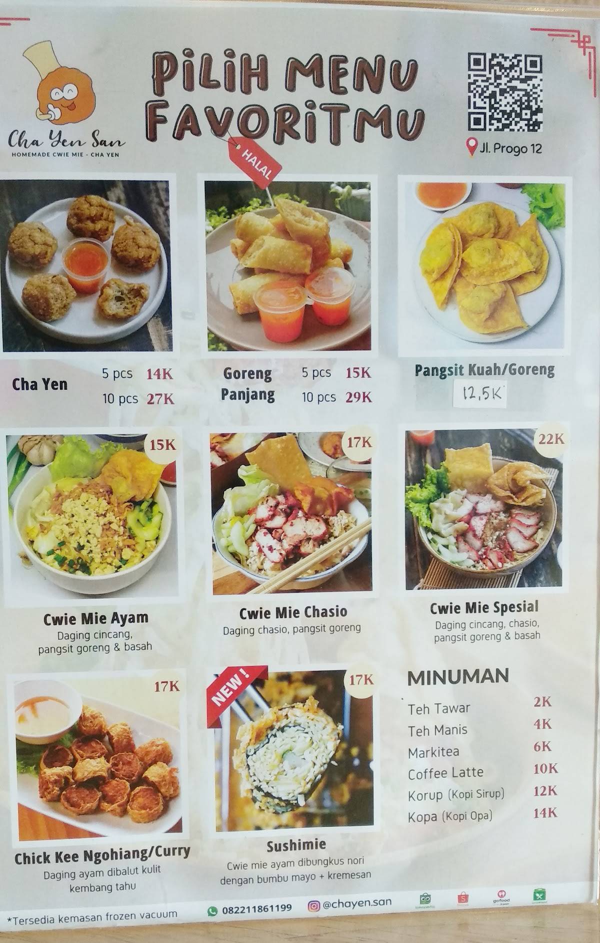 Menu at Cha Yen San restaurant, Malang