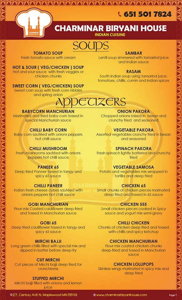 Carta del restaurante Charminar Biryani House, Maplewood