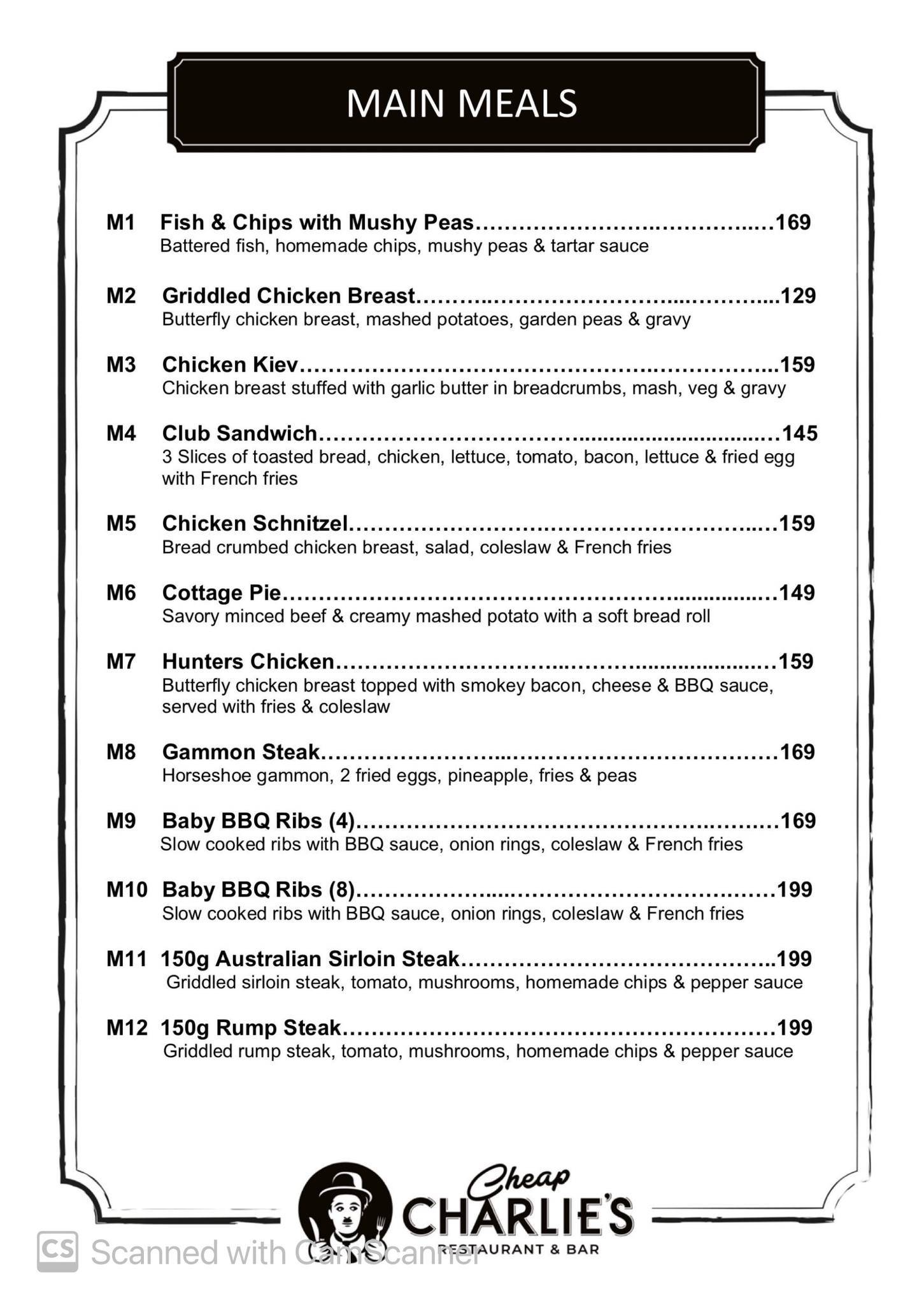 Menu at Cheap Charlie's restaurant, Pattaya City, 420/17 Soi Buakhao