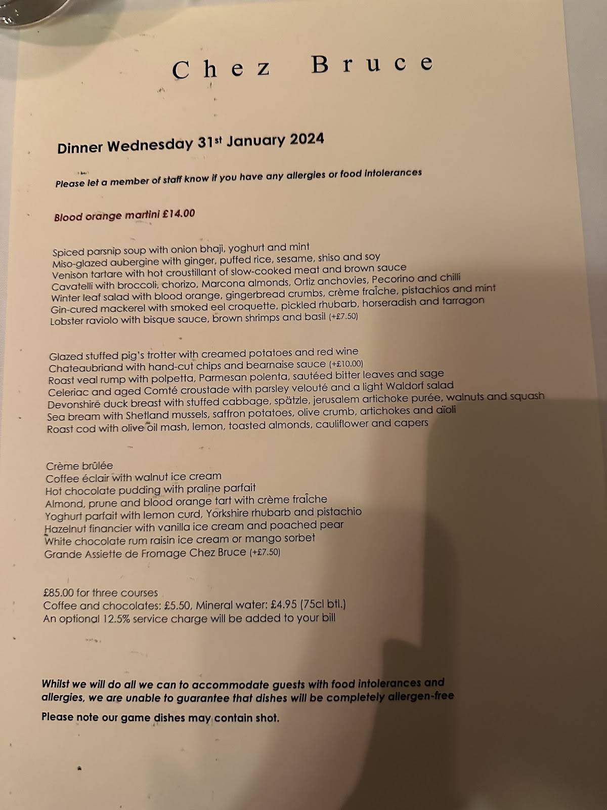 Menu at Chez Bruce restaurant, London