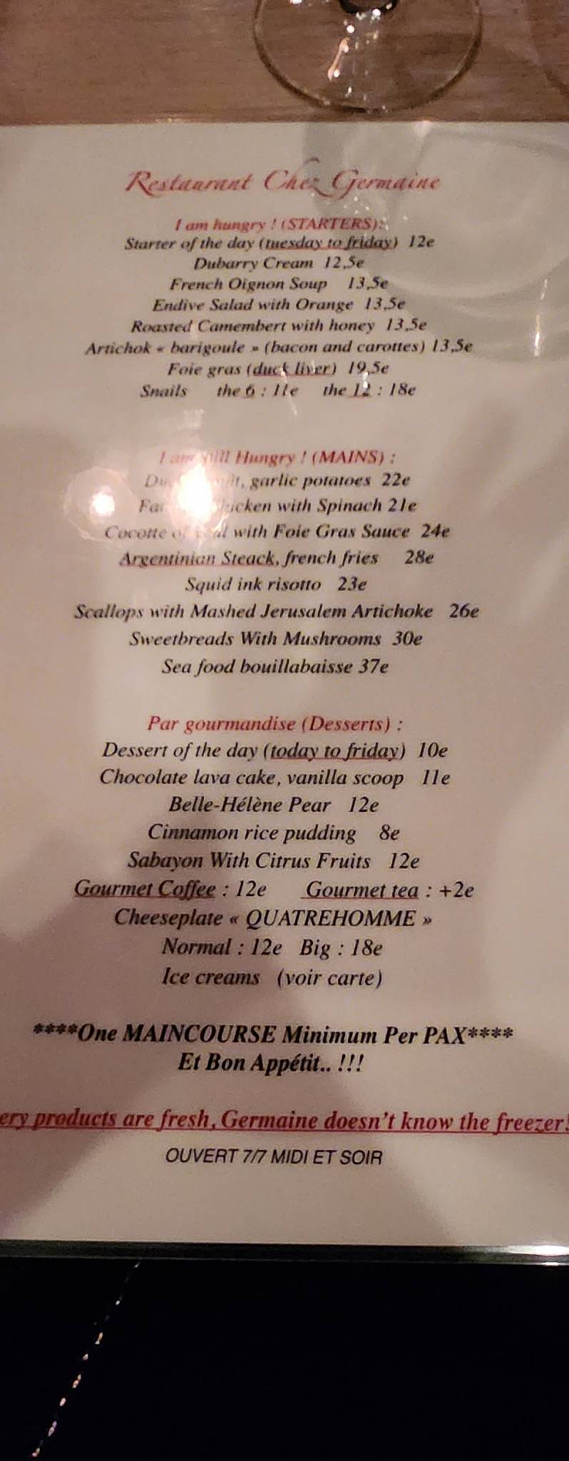 Menu au Chez Germaine restaurant, Paris